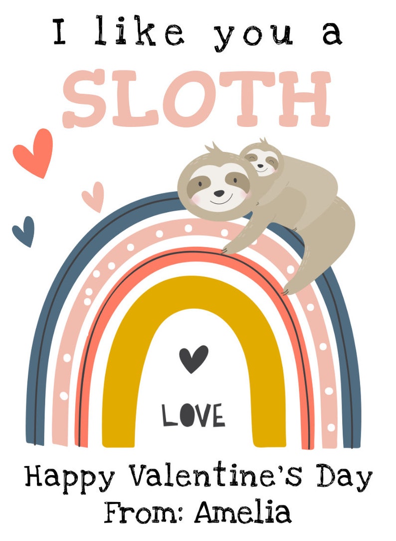 Sloth Valentines Day Card Template Rainbow Valentines Cards | Etsy
