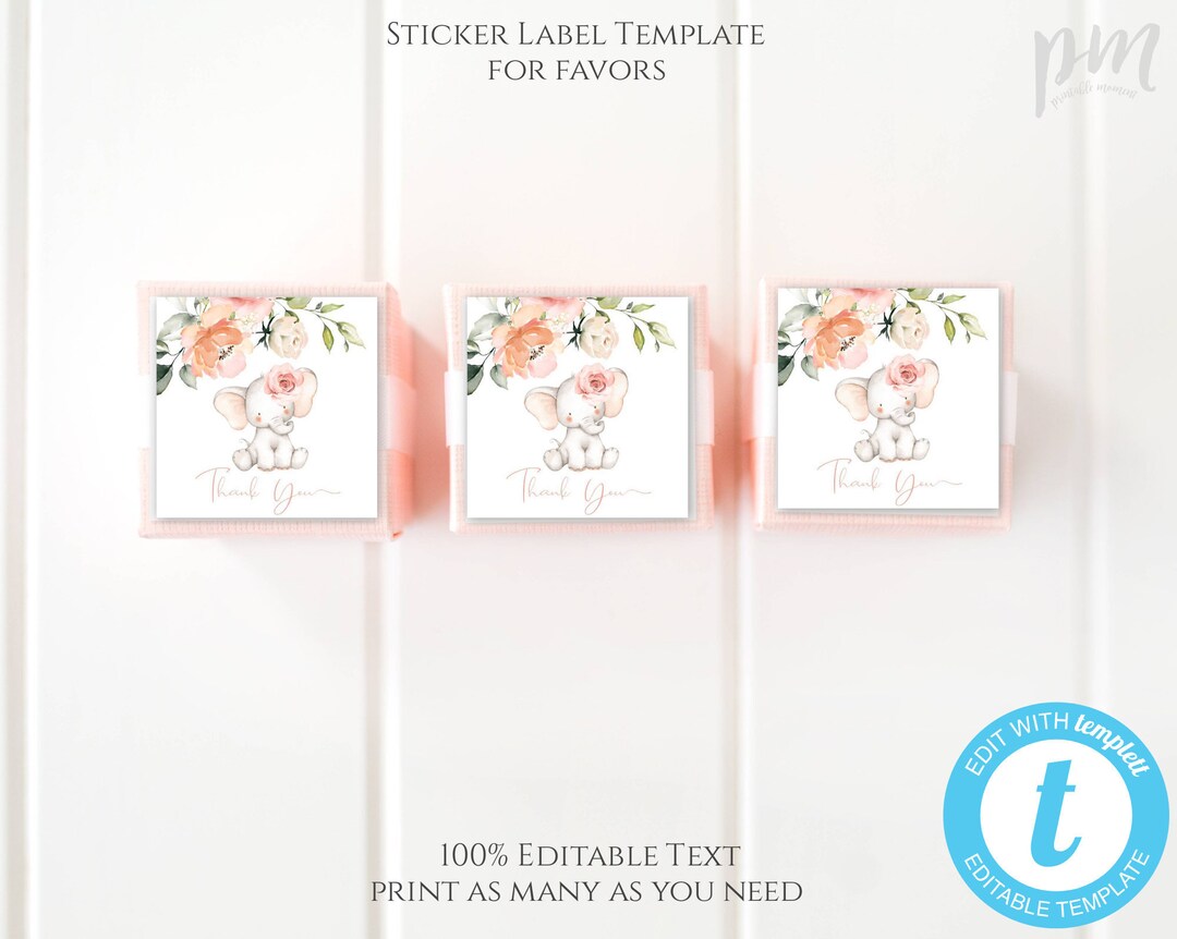 Peach Elephant Thank You Sticker Label Template for Birthday or Baby ...