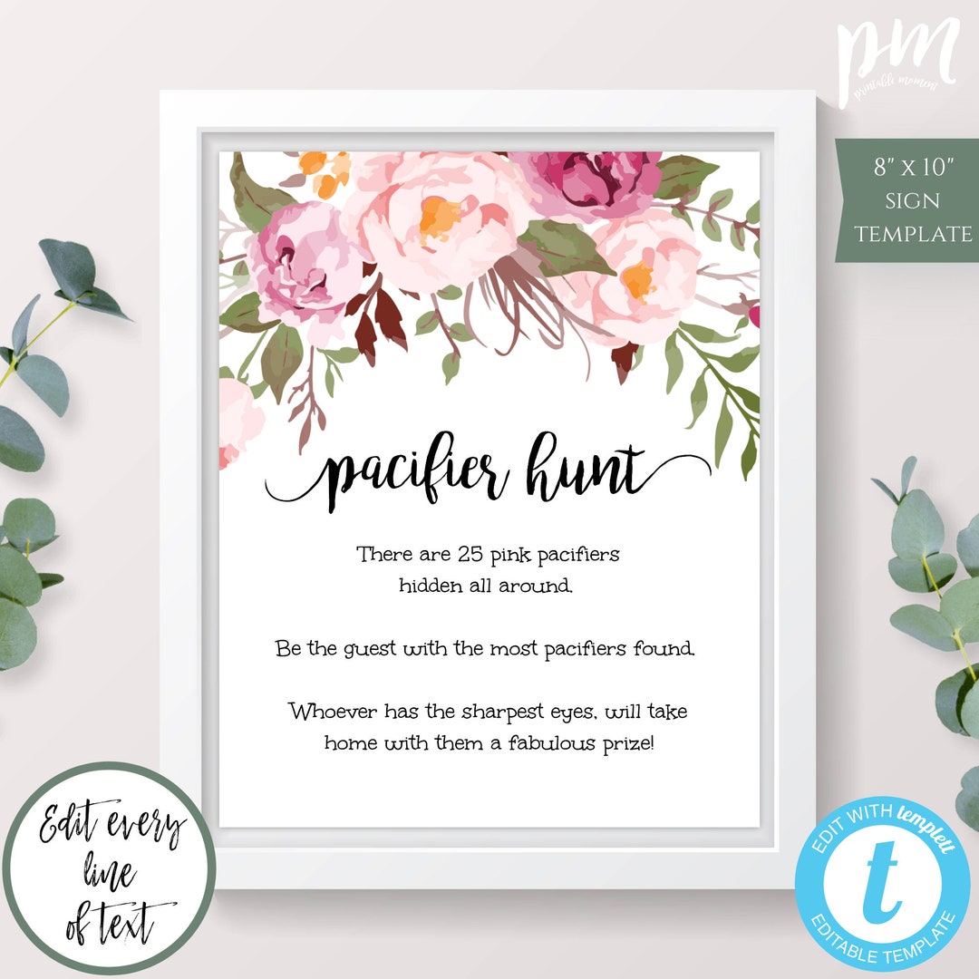Pacifier Hunt Sign Template, Editable Bohemian Baby Shower Printable ...