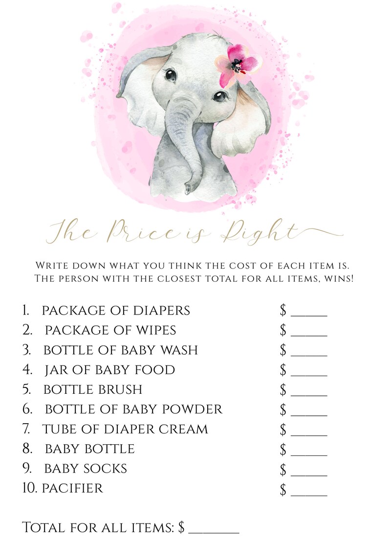 Pink Elephant Baby Shower Game Bundle Template Set Elephant - Etsy