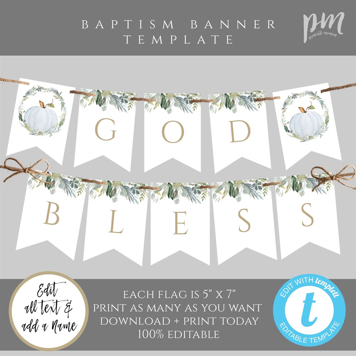 Fall Baptism God Bless Banner Template Blue Pumpkin Printable - Etsy