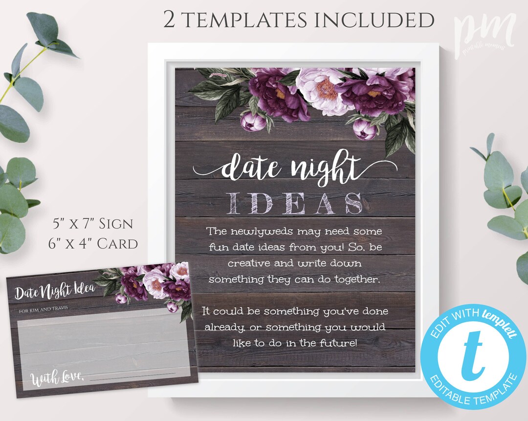 Lavender Rustic Floral Date Night Ideas Template, Sign and Card ...