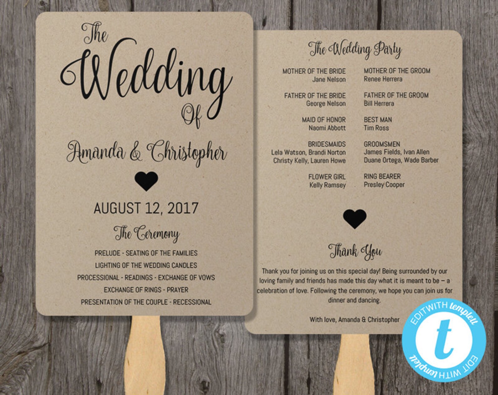 Rustic Program Fan Template for Wedding Fan Wedding Program - Etsy