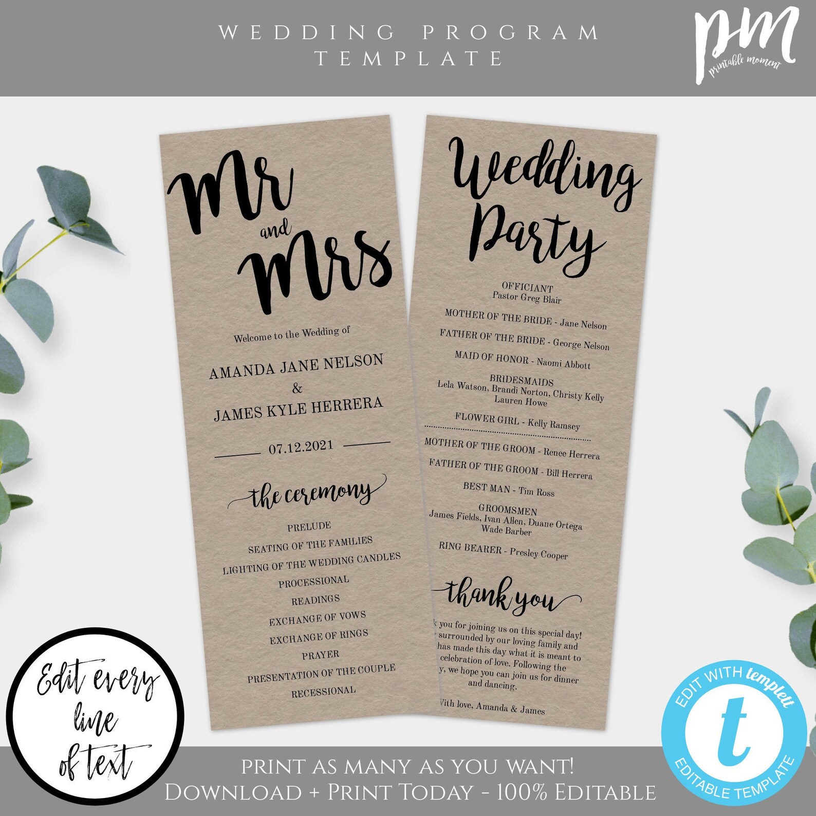 Rustic Program Template for Wedding 1/2 Page Printable - Etsy