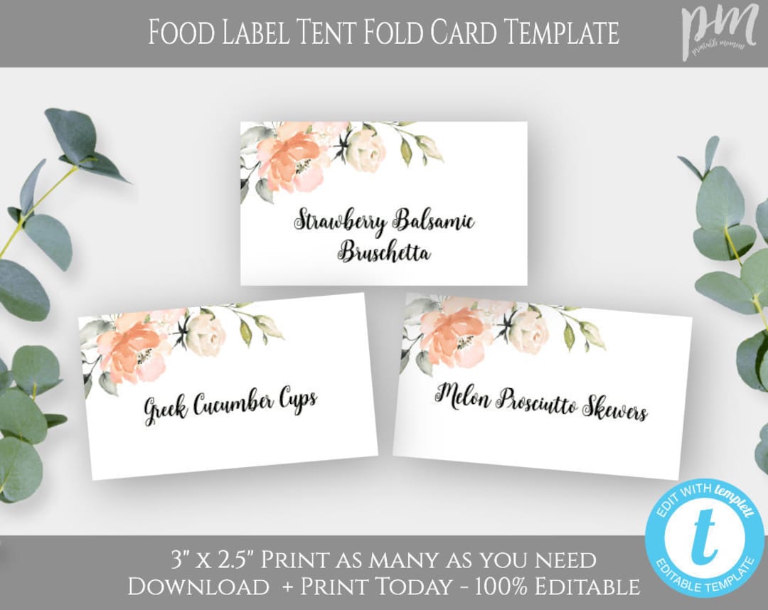 Peach Floral Tent Fold Food Labels Template, Editable Food Cards ...