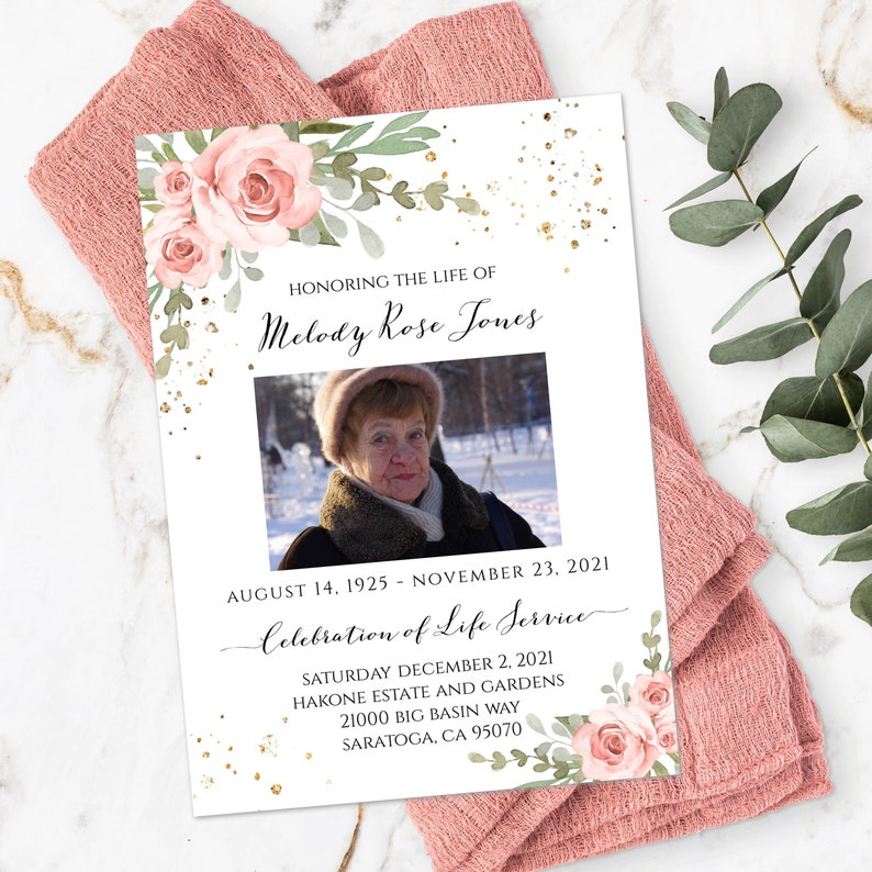 Pink Floral Funeral Program, Greenery Memorial Program, Memorial ...