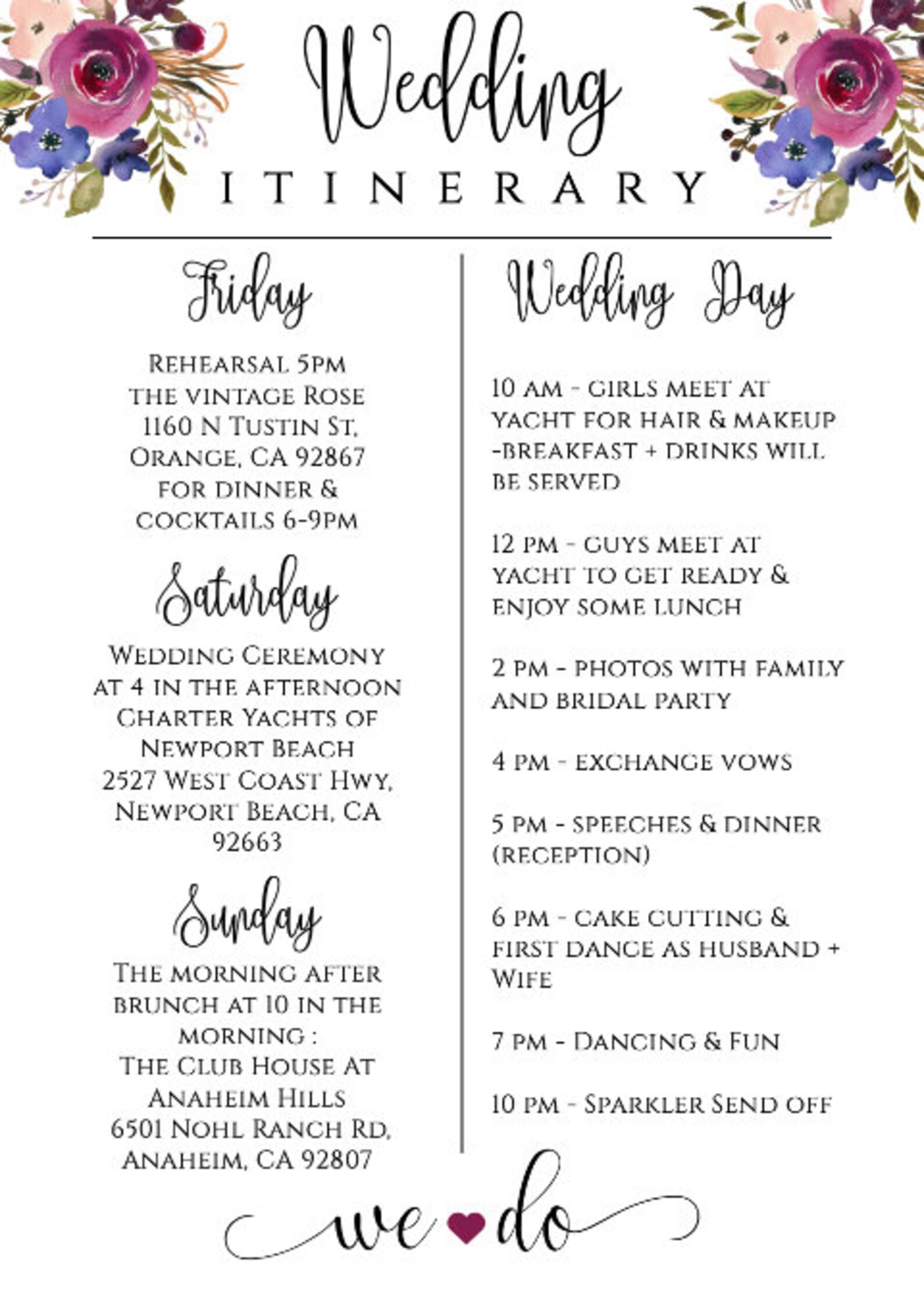 Purple Floral Wedding Itinerary Template Download Printable | Etsy