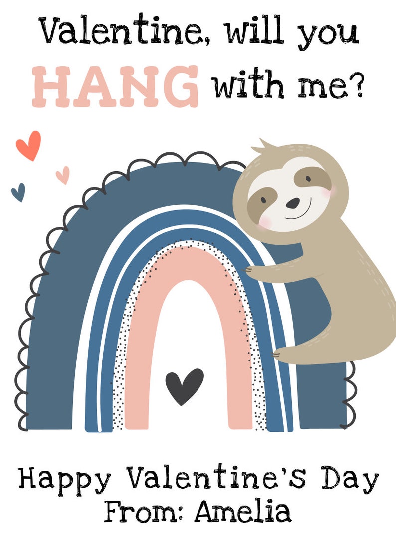 Sloth Valentines Day Card Template, Rainbow Valentines Cards for Kids ...