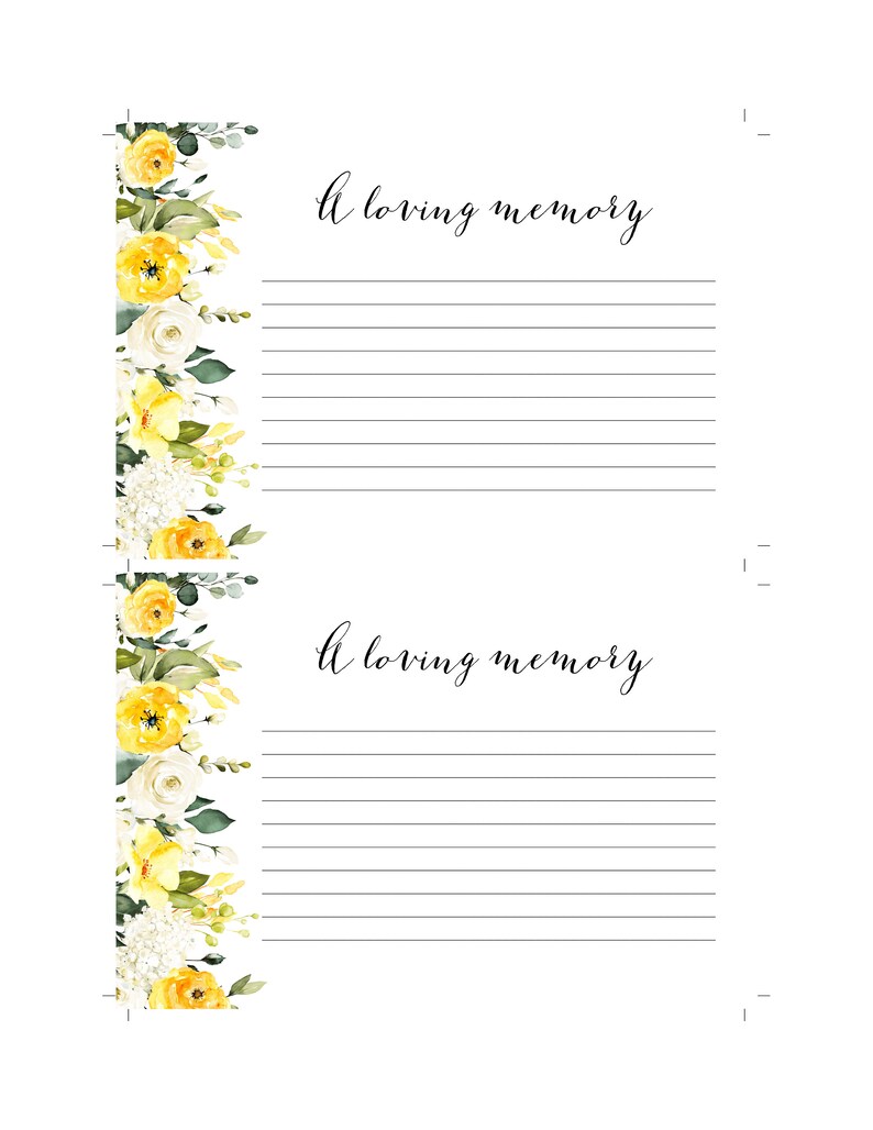 Yellow Floral Funeral Keepsake, in Loving Memory Card, Printable ...