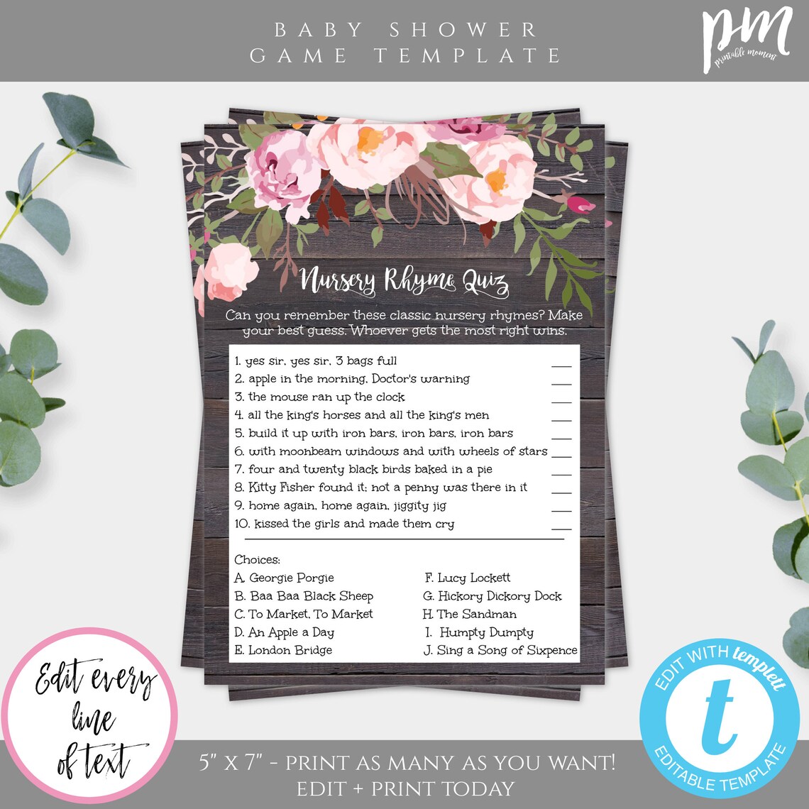 Nursery Rhyme Quiz Template Rustic Floral Baby Shower Game - Etsy