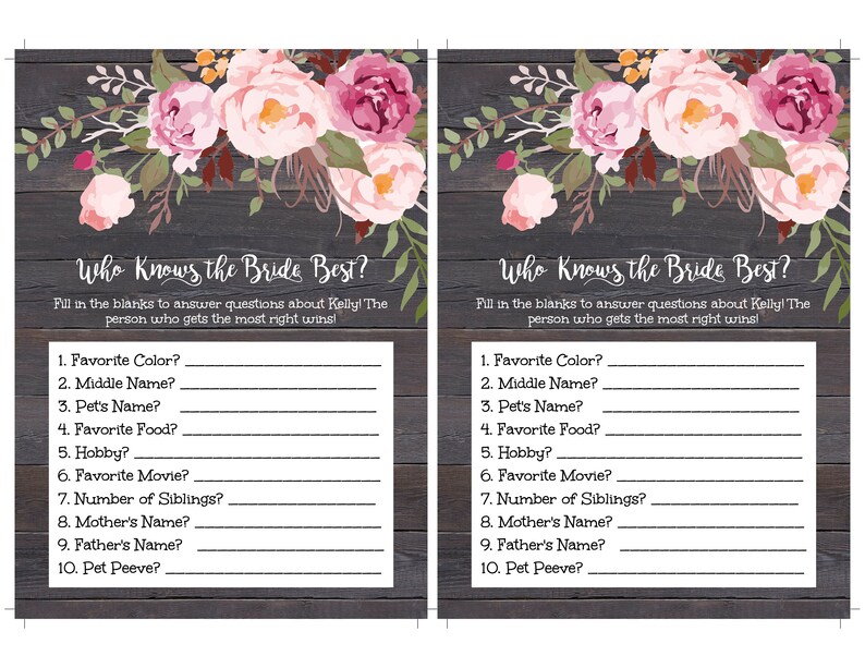Rustic Floral Who Knows the Bride Best Game Template Bridal | Etsy