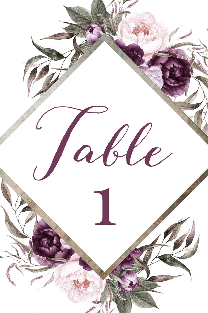 Purple Table Number Template, Plum Table Number Cards, Lavender Wedding ...