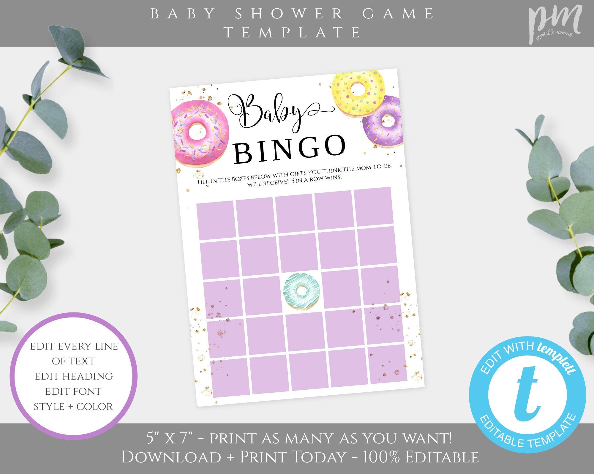 Baby Bingo Game Template Baby Shower Game Donuts and | Etsy
