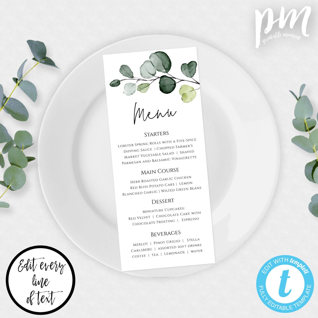 Greenery Wedding Menu Template With Watercolor Leaves, Printable ...