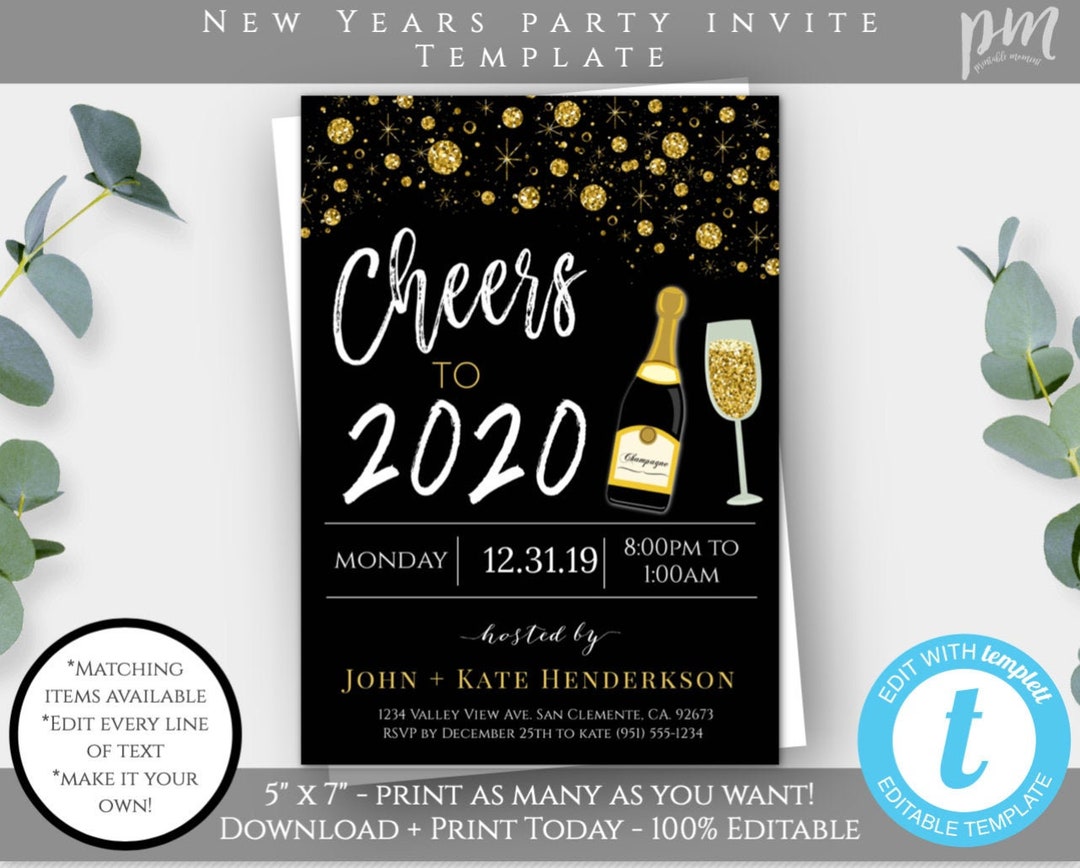 Cheers to 2020 Invite, New Year's Eve Party Invitation, Black and Gold ...