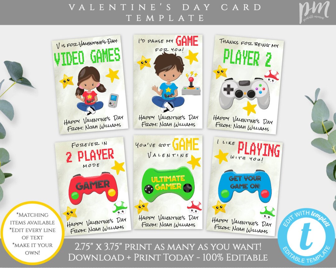 Gamer Valentines Day Card Template, Video Game Valentines Cards for ...