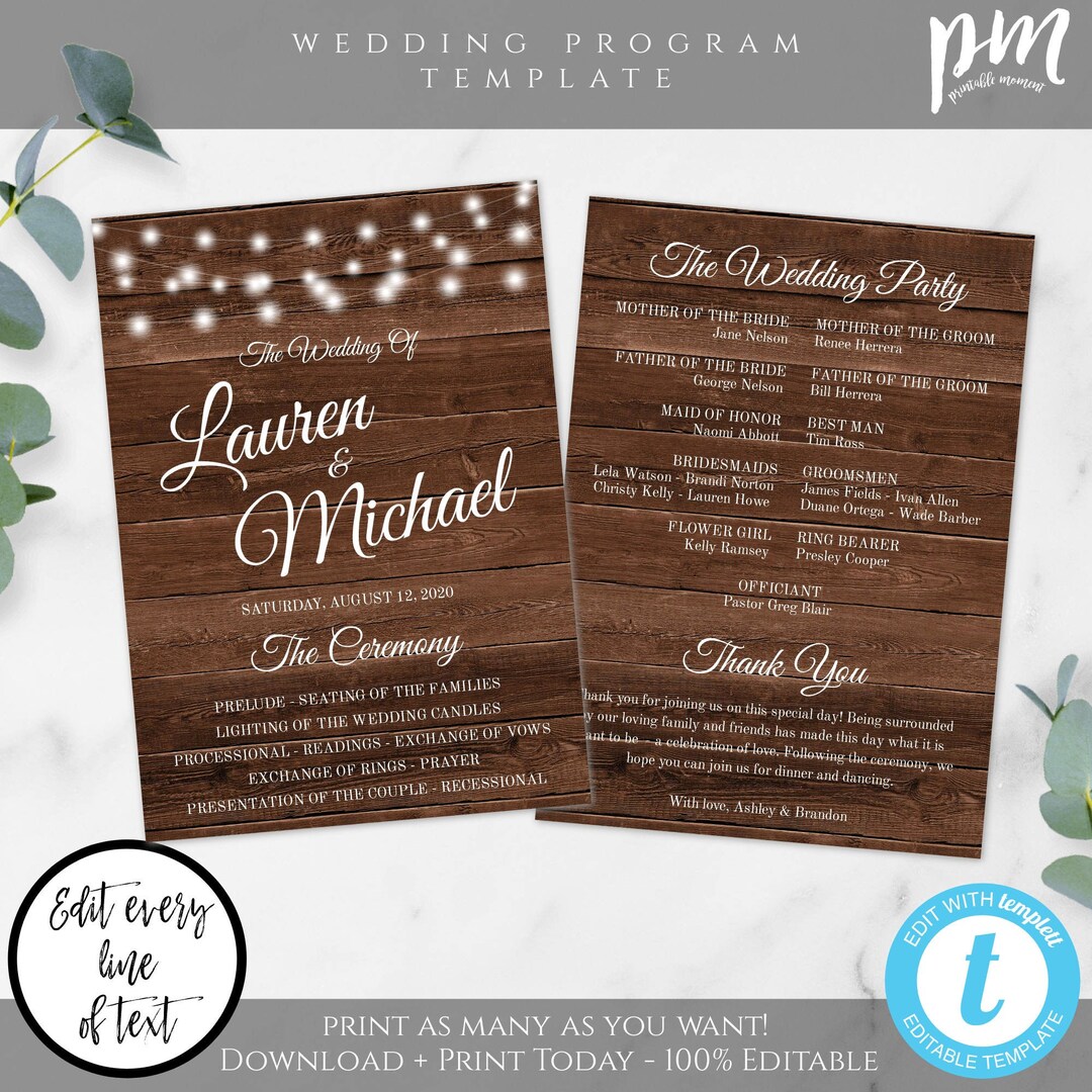 Rustic Wedding Program Template, Rustic Lights Printable Program ...