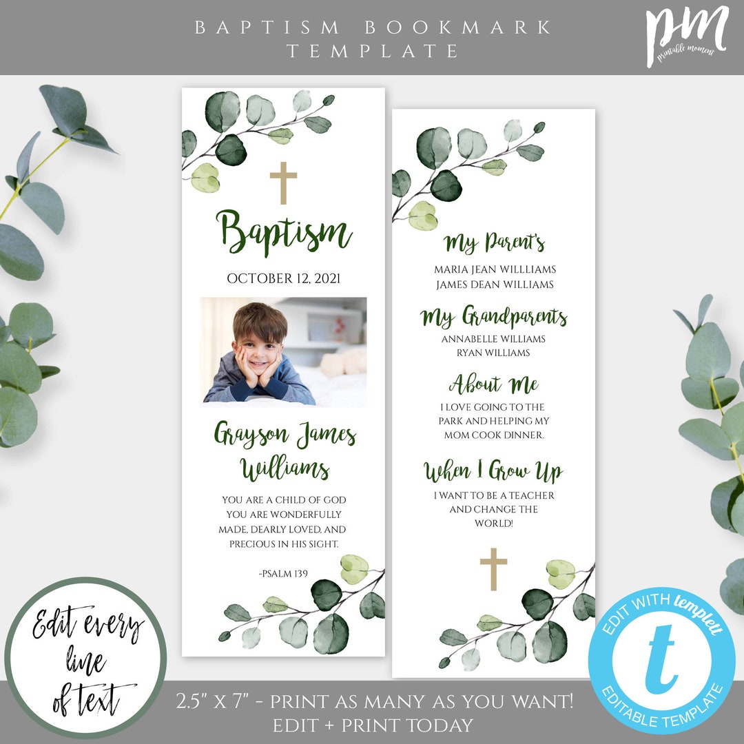 Boy Baptism Bookmark With Photo, Greenery Milestone Bookmark for ...
