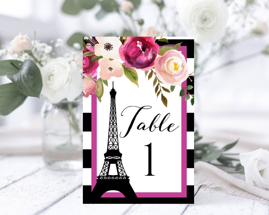 PARIS Table Numbers Template, Eiffel Tower Table Number, Pink Floral ...