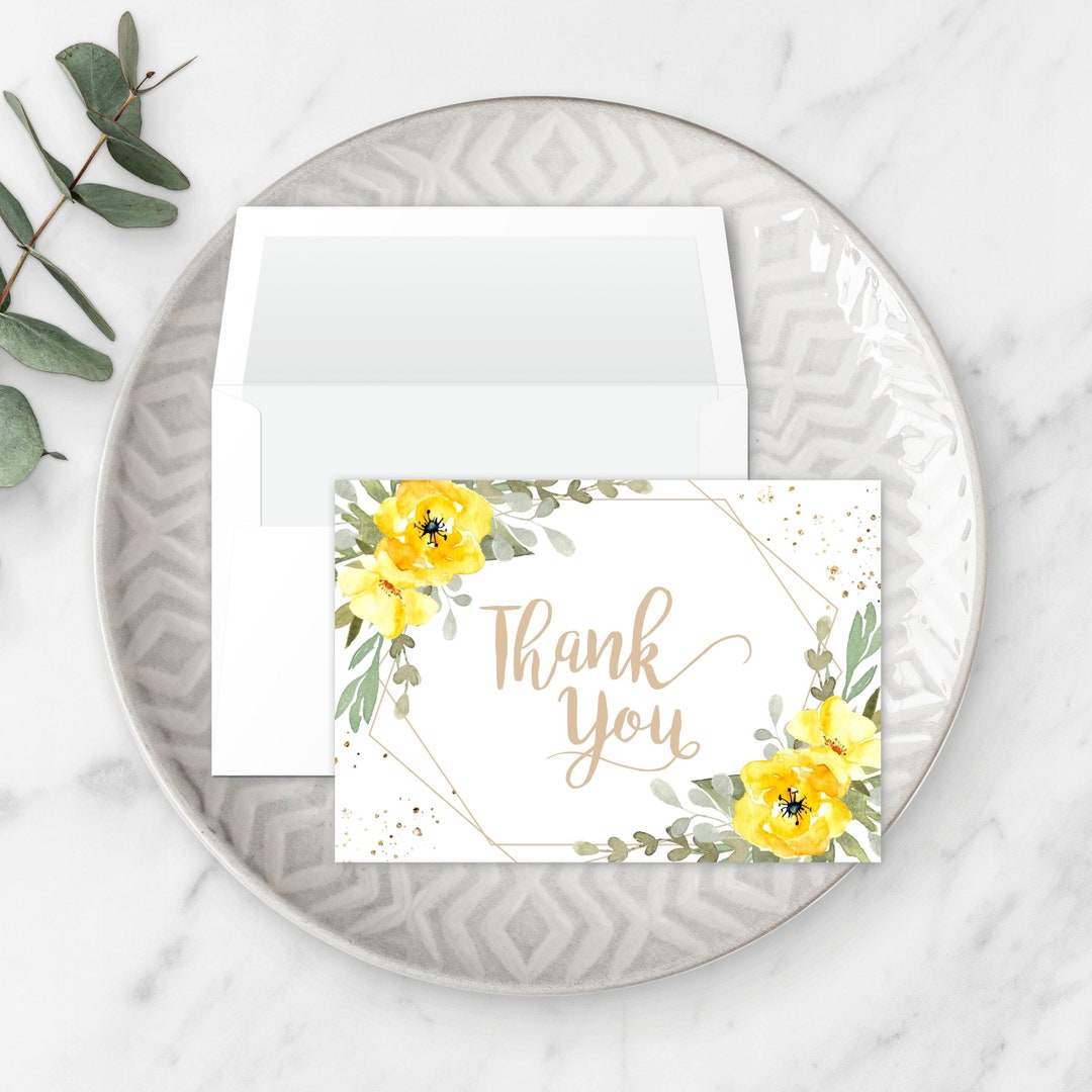 Yellow Floral Folding Thank You Card Template, Printable Watercolor ...