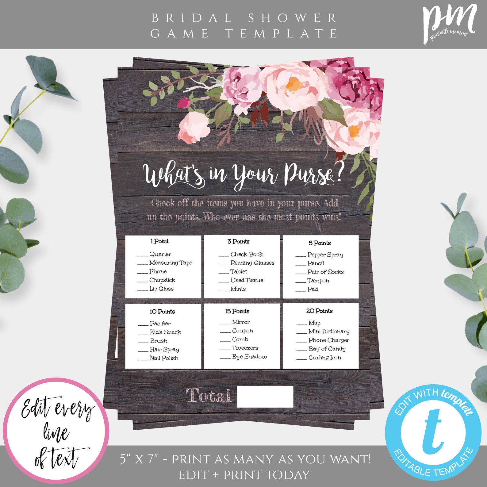 Rustic Floral What's in Your Purse Game Template for | Etsy