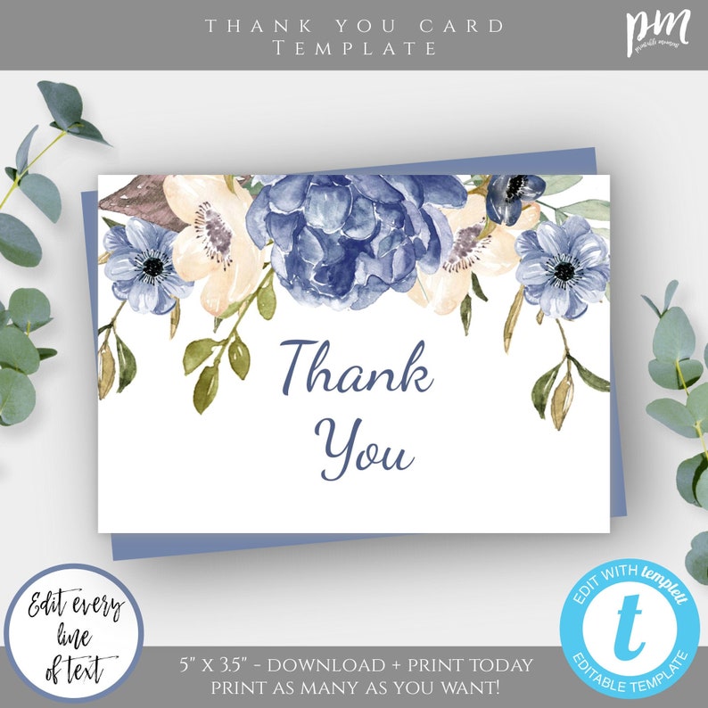 Blue Floral Thank You Card Template, DIY Printable Thank You Card for ...