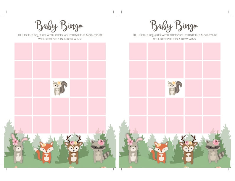 Baby Shower Bingo Game Template Woodland Animal Girl Baby | Etsy
