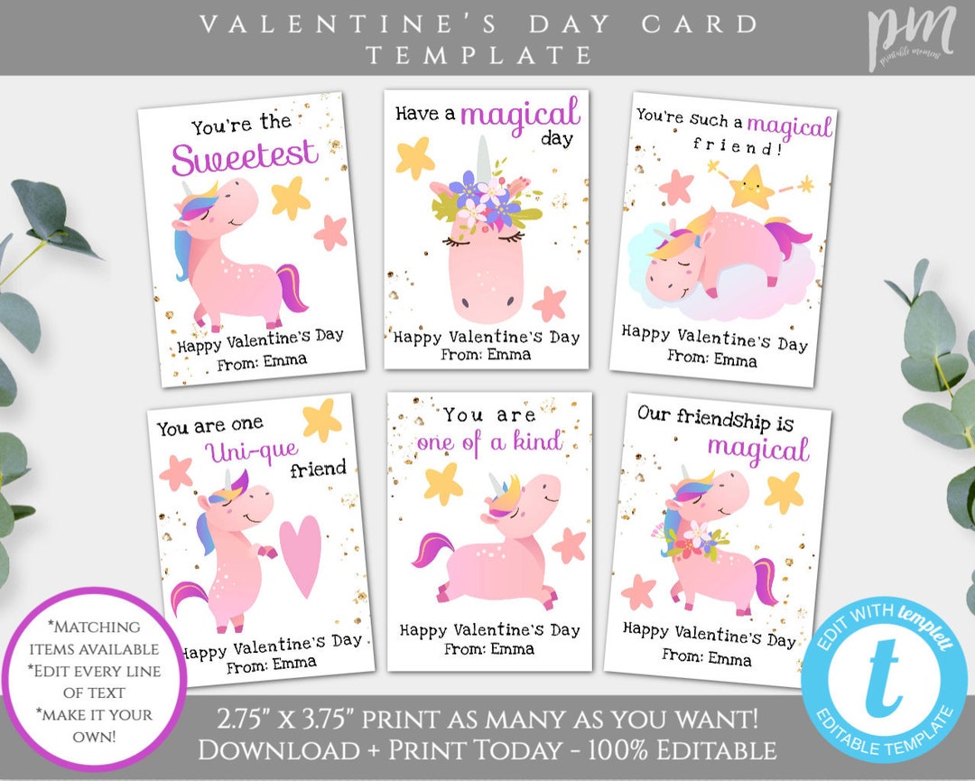 Magical Valentines Day Card Template, Unicorn Valentines Cards for Kids ...
