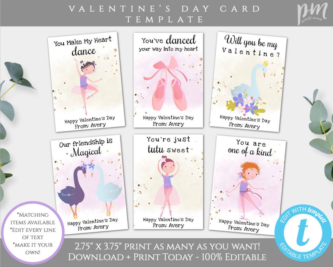 Dance Valentines Day Card Template, Ballet Valentines Cards for Kids ...