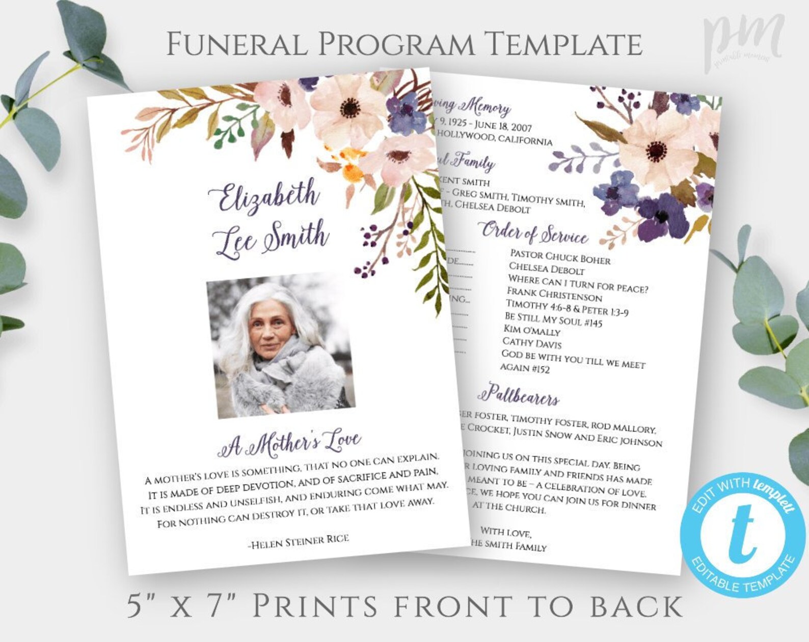 Purple Floral Funeral Program, Memorial Program, Memorial Service ...