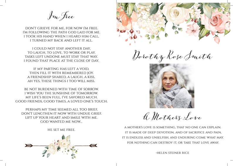 Pink Peach Floral Obituary Template DIY Download Loving | Etsy