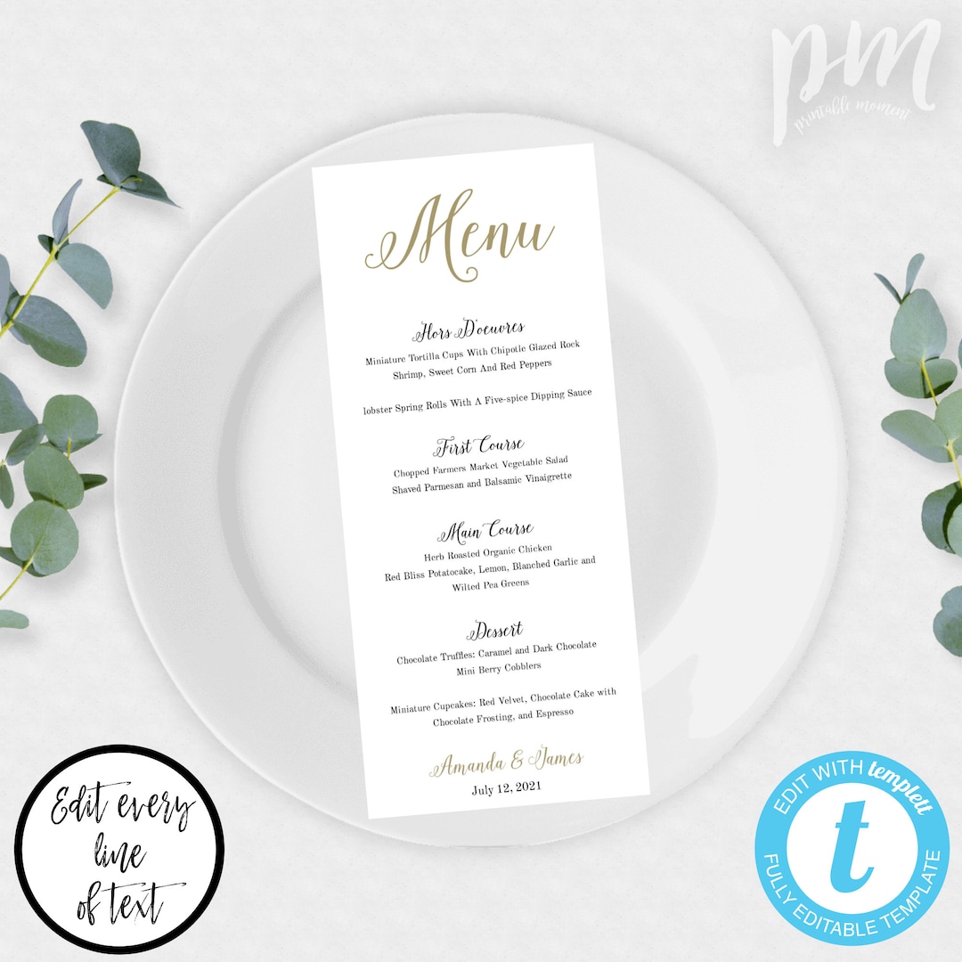 Printable Wedding Menu Template, Printable Menu, Wedding Dinner Menu ...