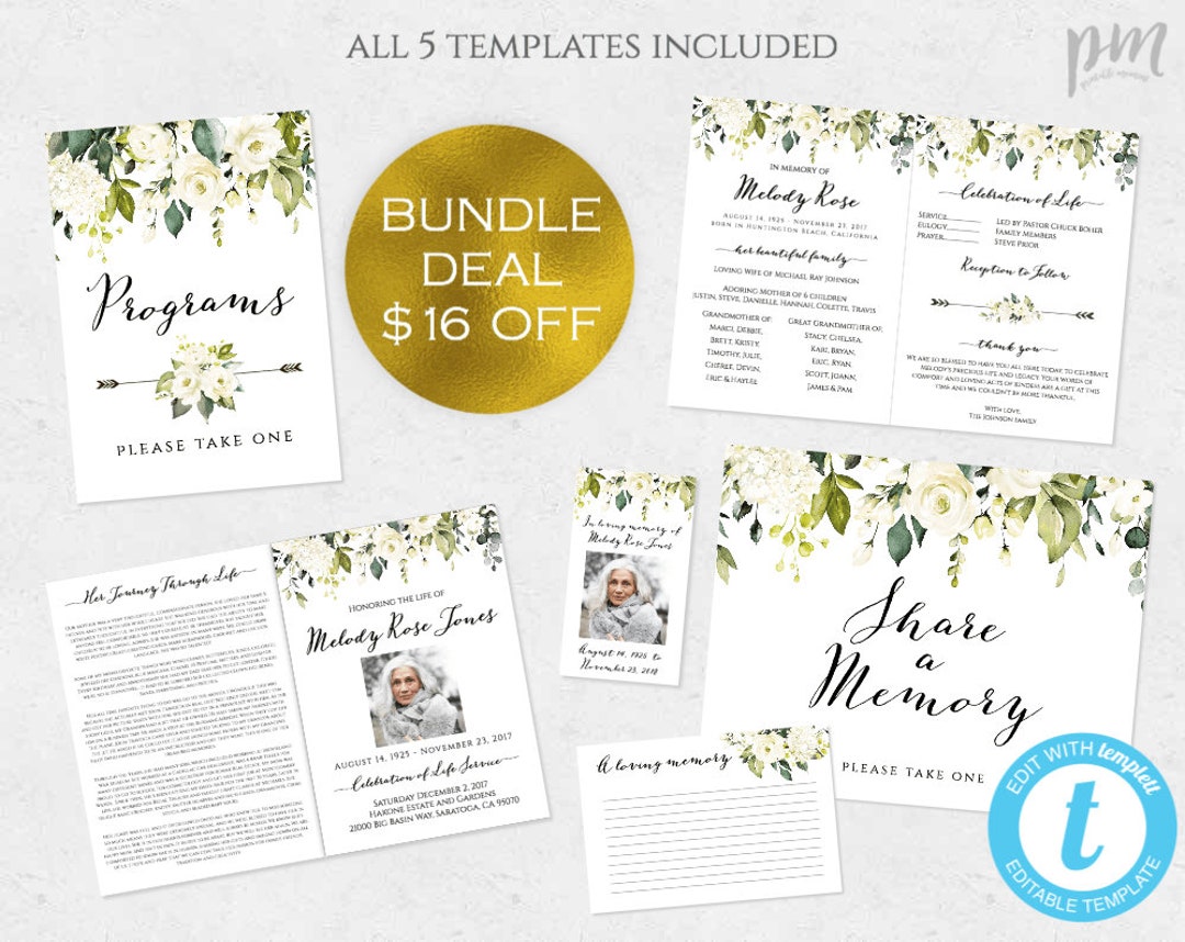 White Floral Funeral Program Set, Downloadable Funeral Template, in ...