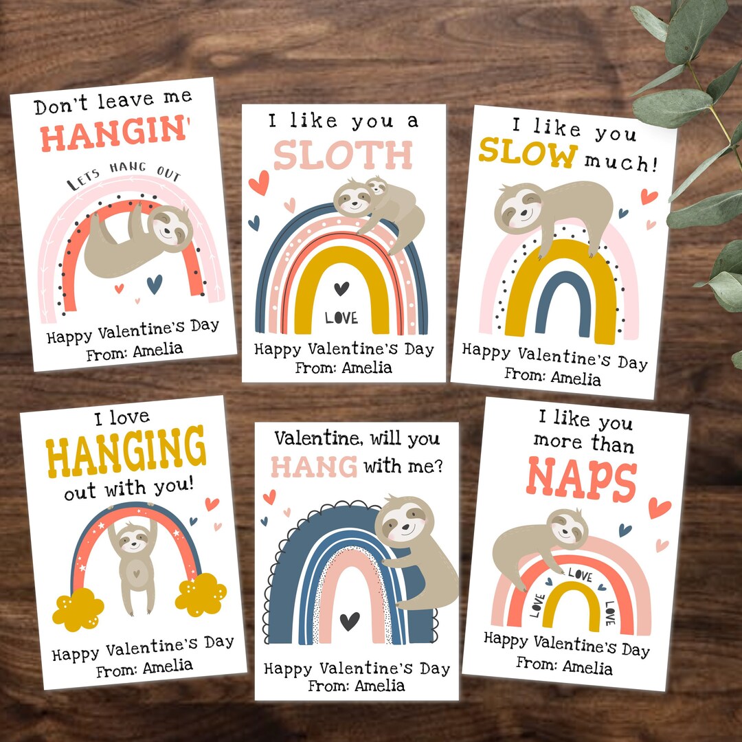 Sloth Valentines Day Card Template, Rainbow Valentines Cards for Kids ...