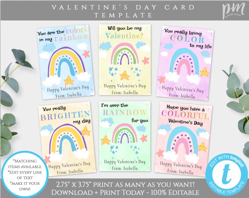 Rainbow Valentines Day Card Template Rainbow Valentines Cards - Etsy