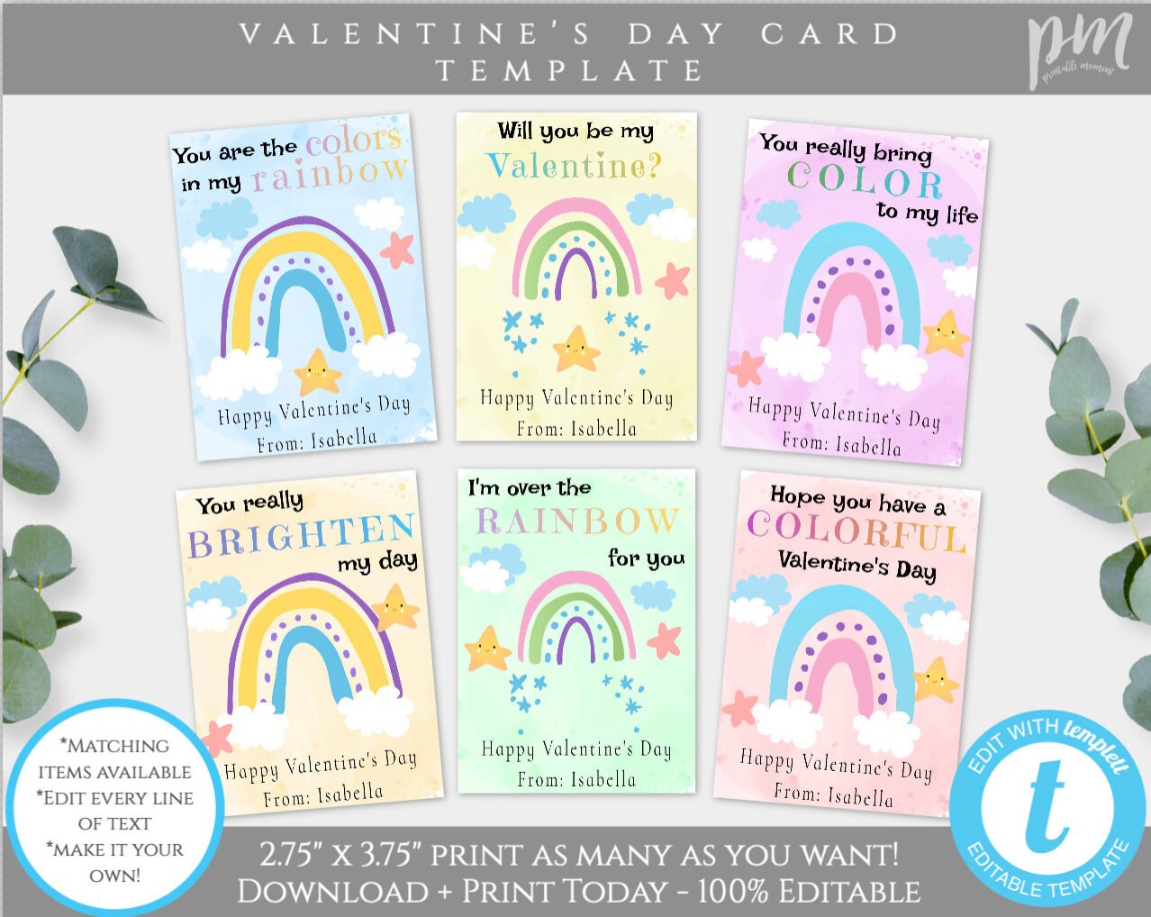 Rainbow Valentines Day Card Template Rainbow Valentines Cards | Etsy