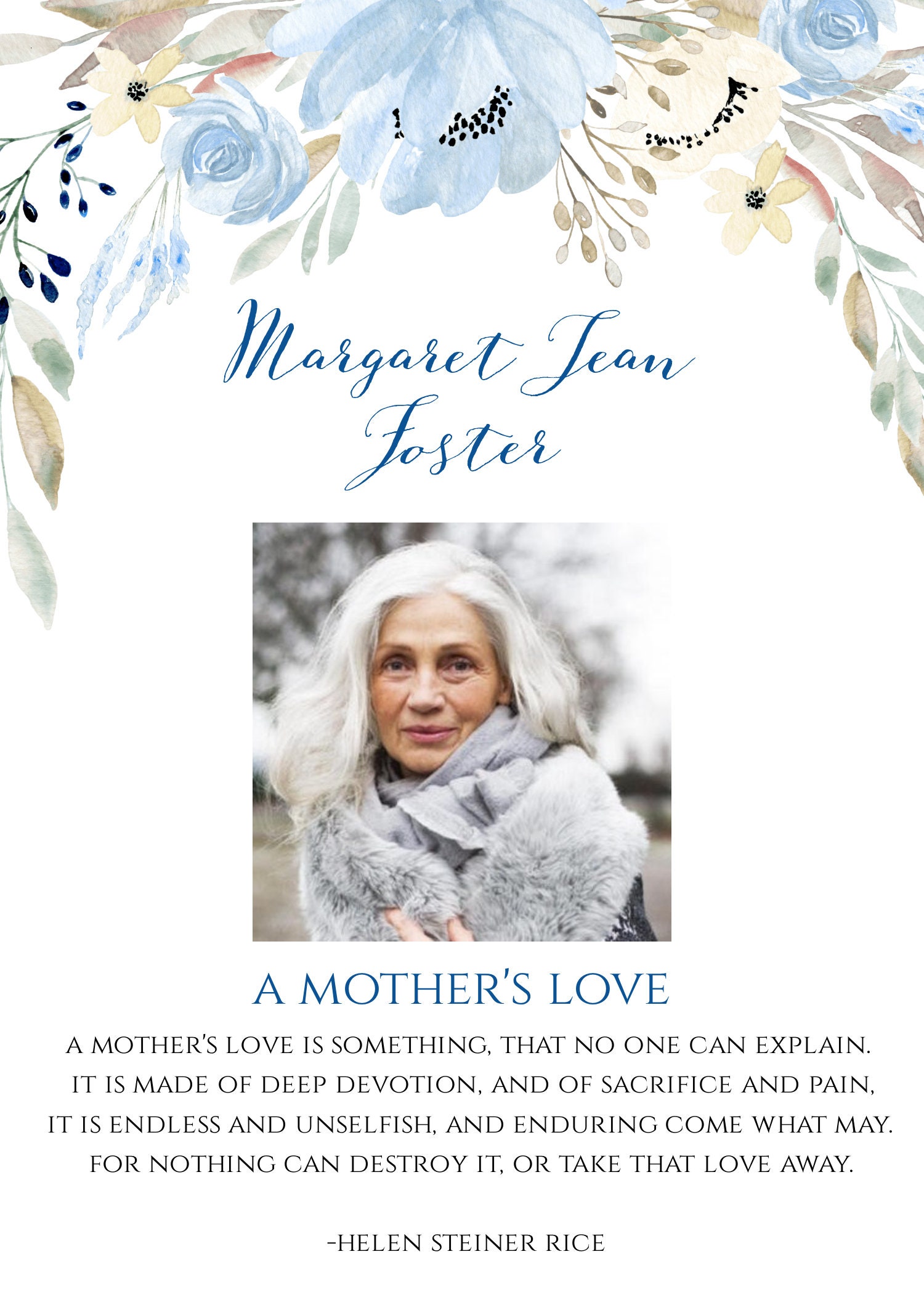 Blue Funeral Program Template Editable Blue Floral Order of - Etsy