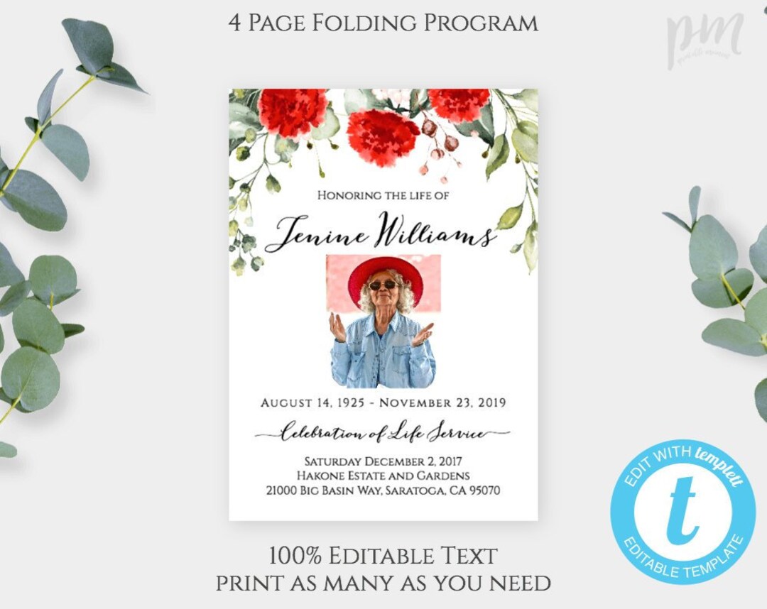 Red Floral Funeral Program, Greenery Memorial Program, Memorial Service ...