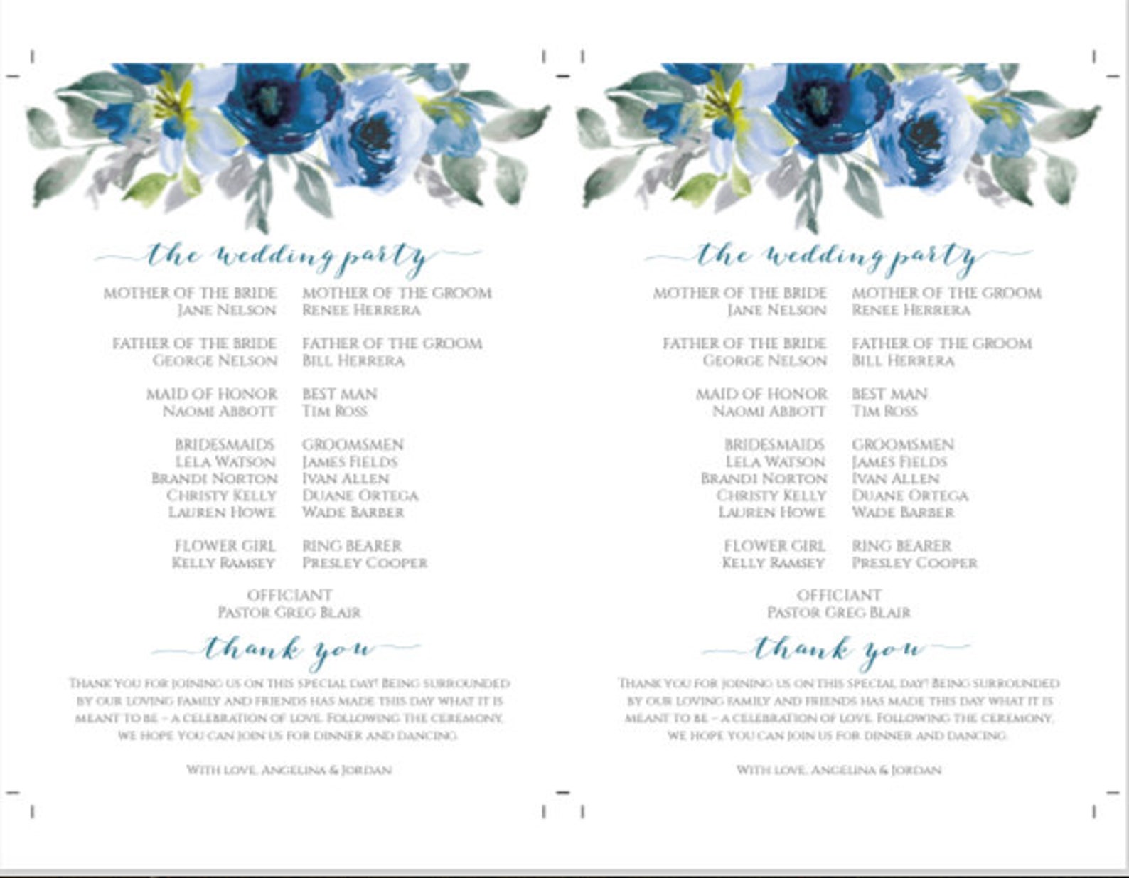 Blue Floral Wedding Program Template Navy Wedding Program - Etsy