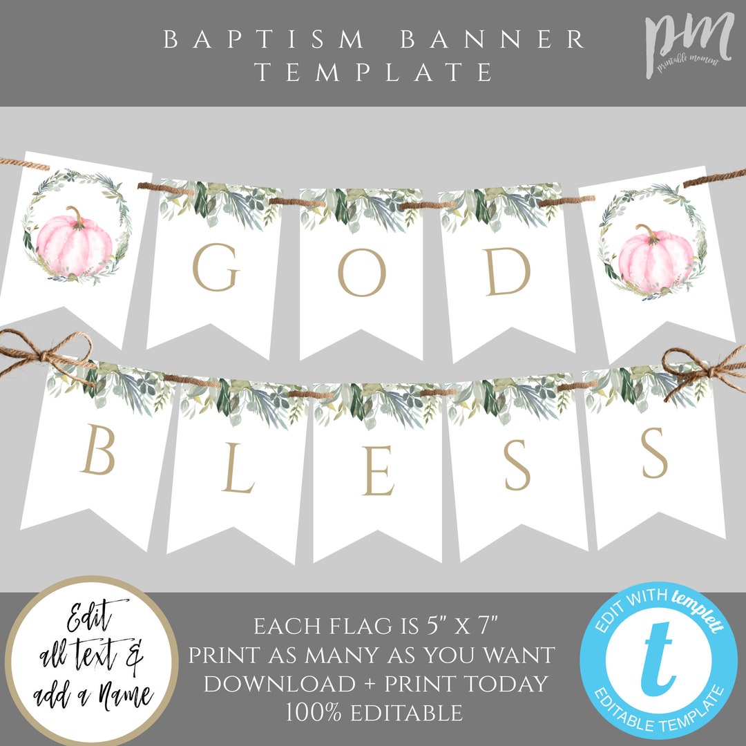 Fall Baptism God Bless Banner Template, Pink Pumpkin Printable Baptism ...