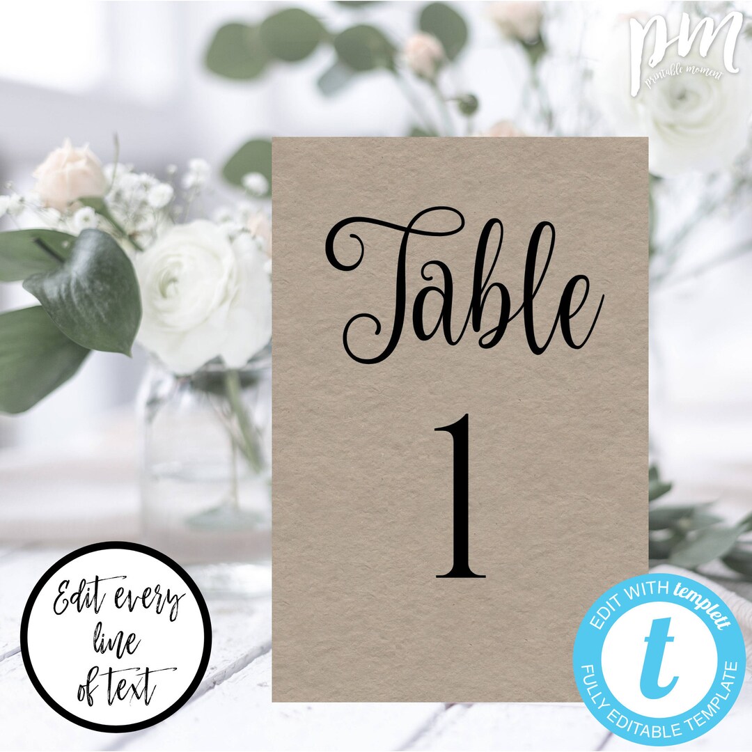 Rustic Table Number Template, Wedding Printable Template, Calligraphy ...