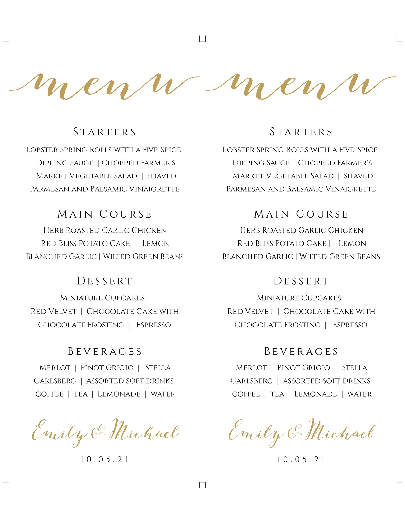 Gold Wedding Menu Template Dinner Menu Dessert Menu | Etsy
