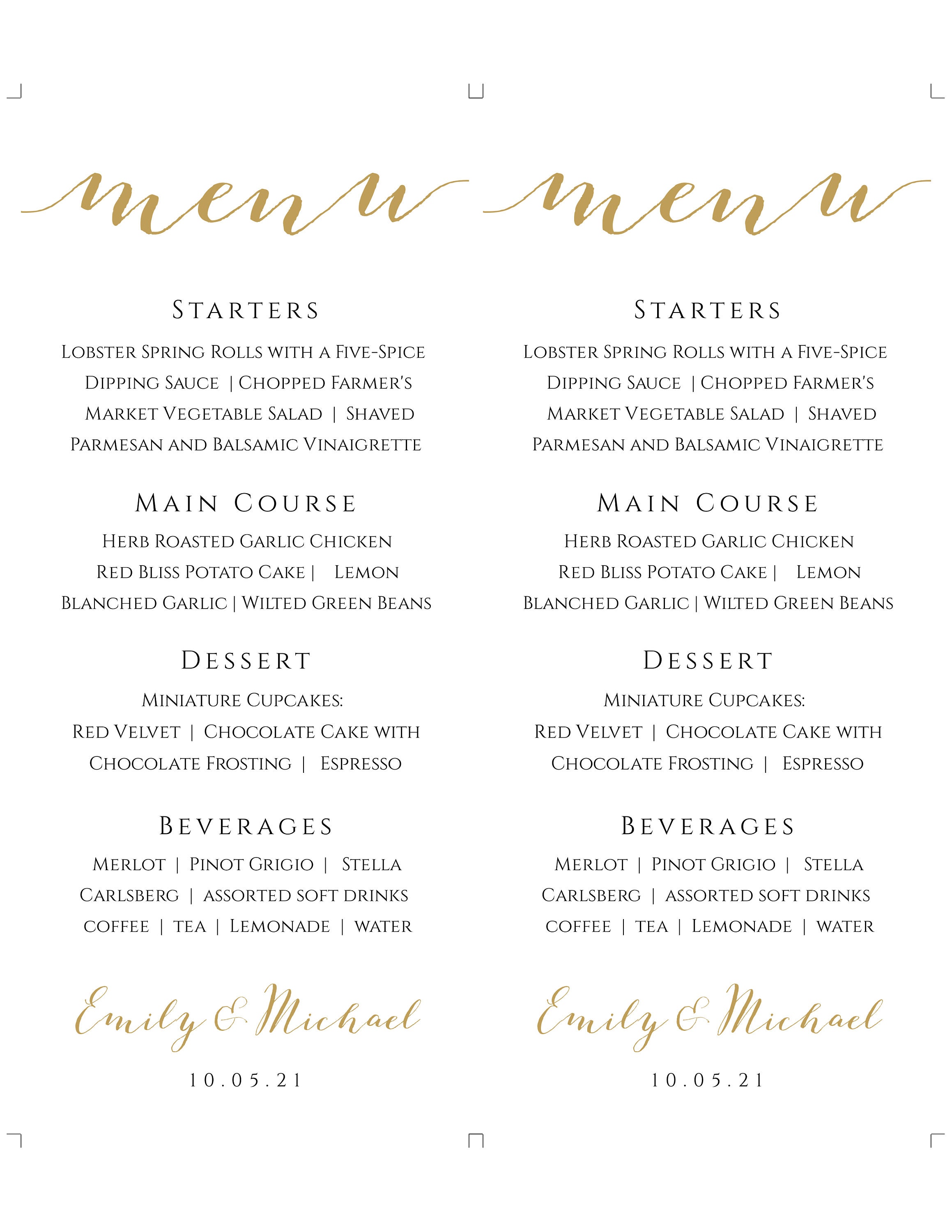 Gold Wedding Menu Template Dinner Menu Dessert Menu - Etsy