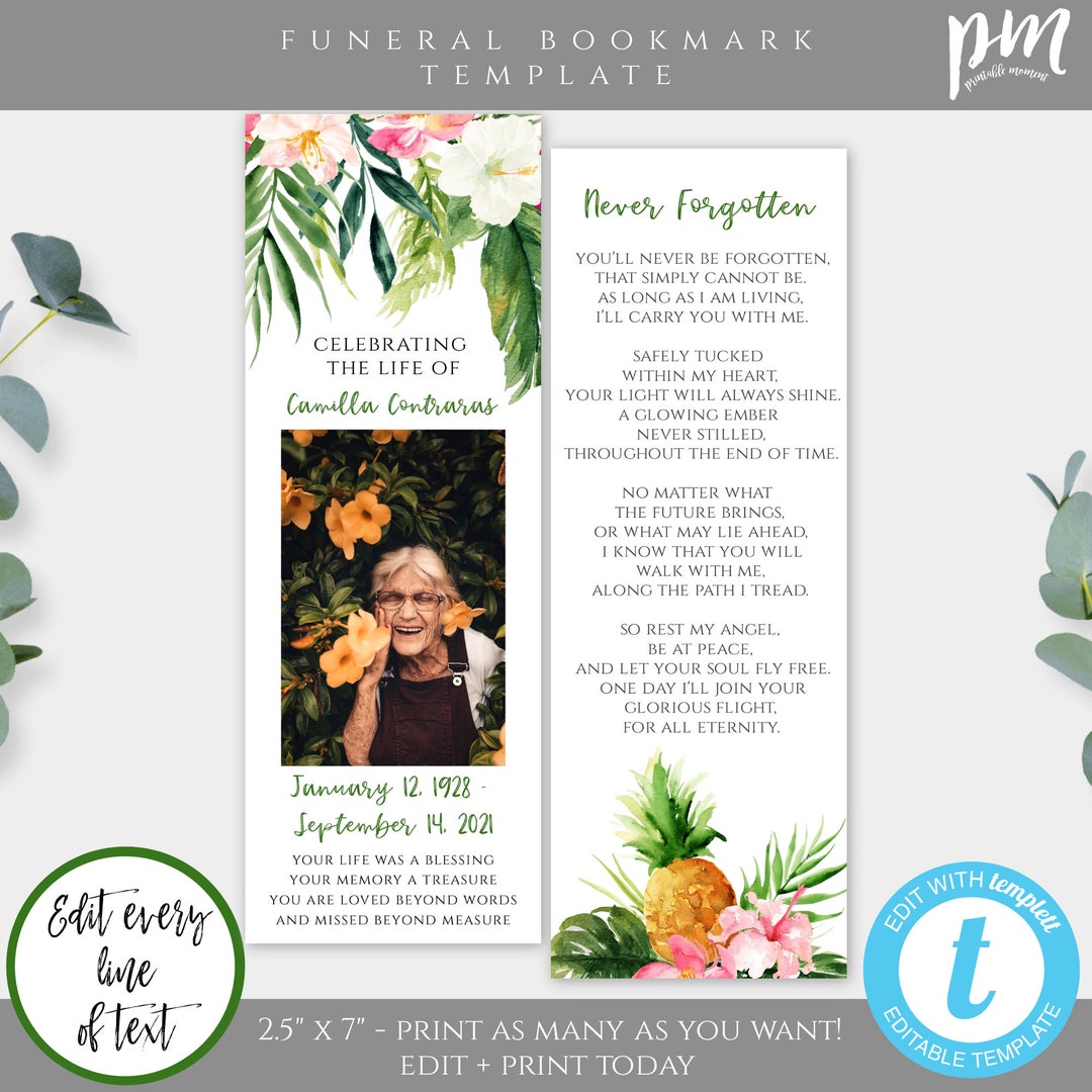 Hawaiian Funeral Bookmark Keepsake Template, Tropical DIY Editable ...