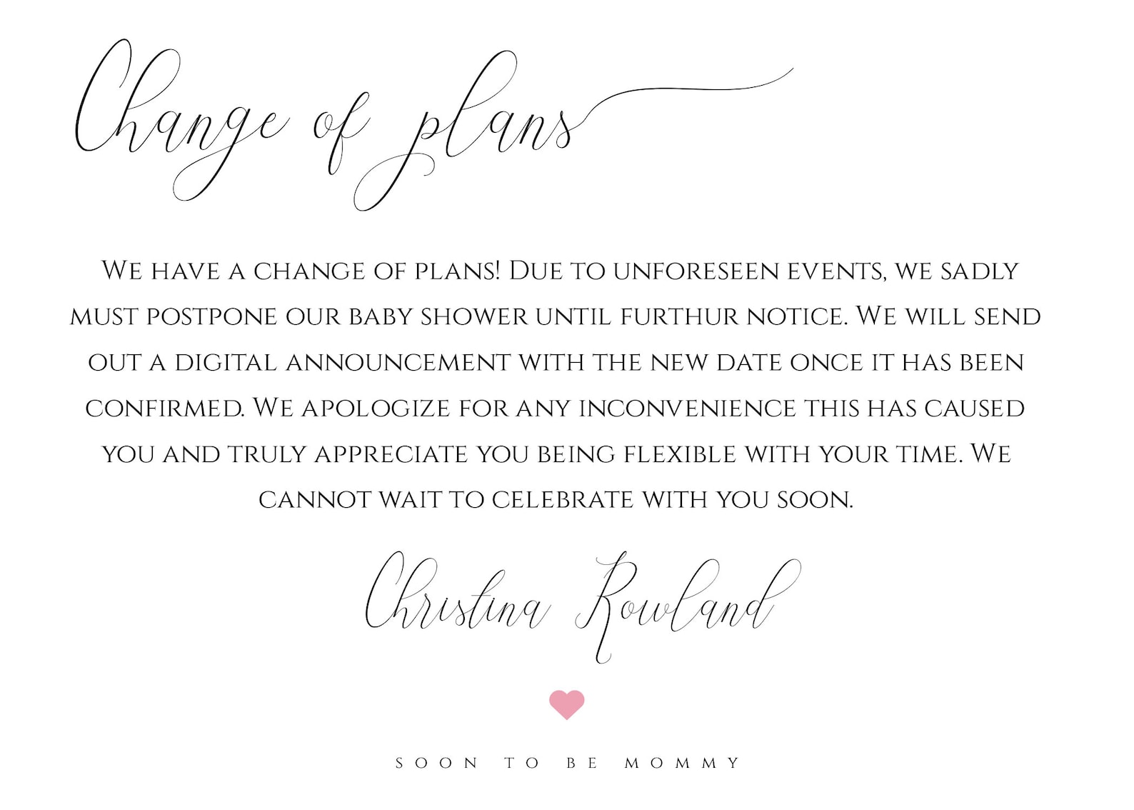 Change of Plans Baby Shower Postpone Announcement Template, Event ...