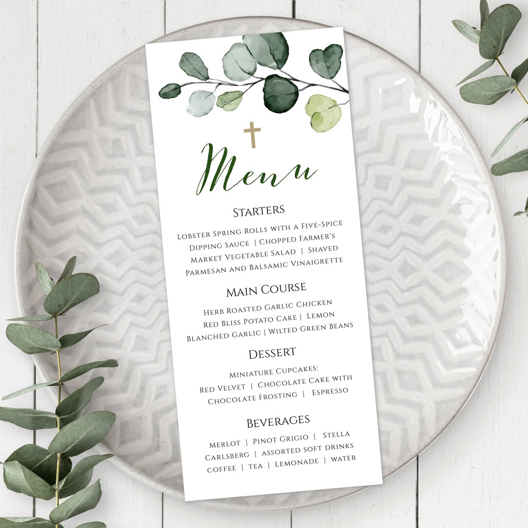 Greenery BAPTISM Menu Template With Watercolor Leaves, Printable ...