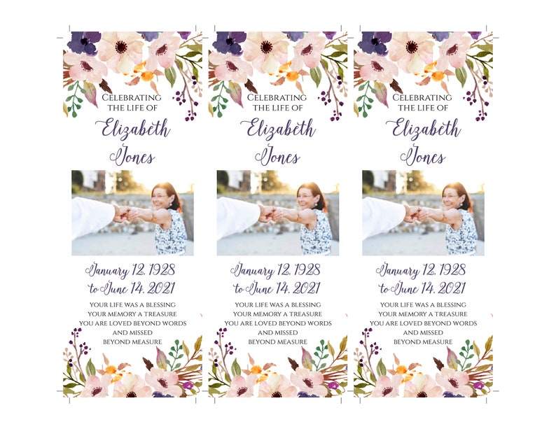 Purple Floral Custom Keepsake Bookmark for Funeral - Etsy