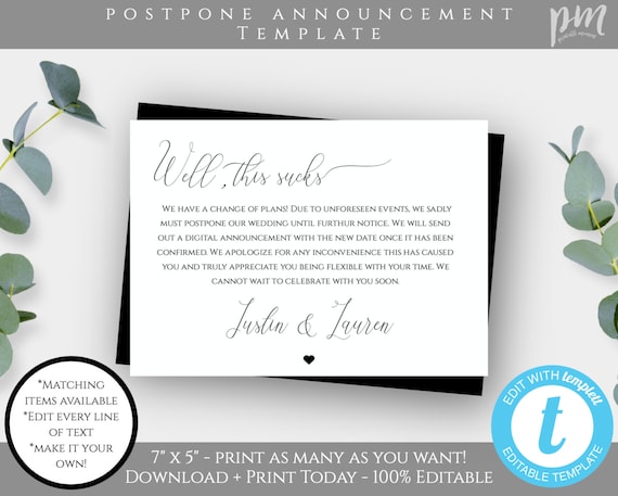 Invitations Templett Instant Download Postponement Announcement Change ...