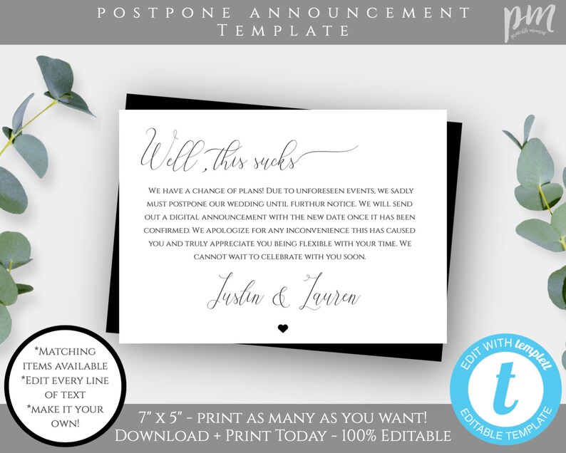 Event Change of Plans Wedding Postpone Announcement Template | Etsy