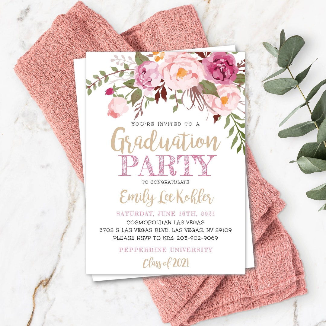 Pink Floral Graduation Invitation Template, Graduation Party Invitation ...